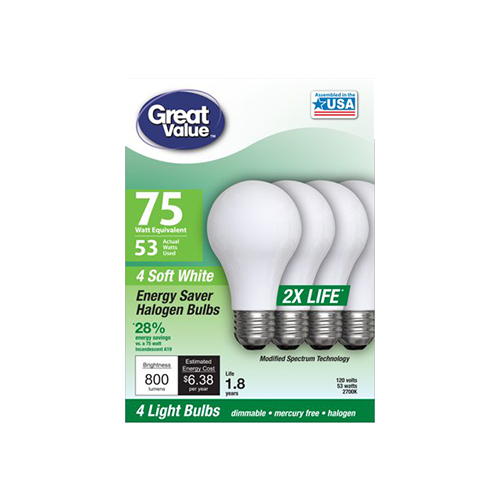 Great Value Halogen, 75w General Purpose A19 Double Life Light Bulbs ...